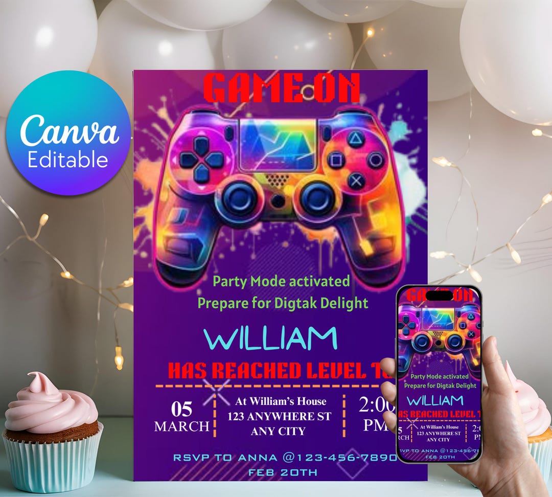 Editable Video Game Birthday Invitation, Neon Game Level up Birthday ...