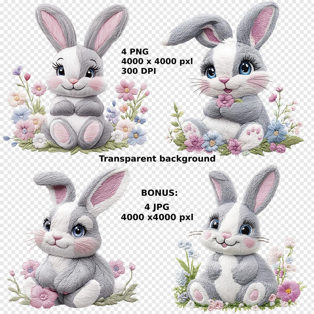 Spring Bunny 3D Embroidery Art, Cute Floral Rabbit, Easter PNG ...