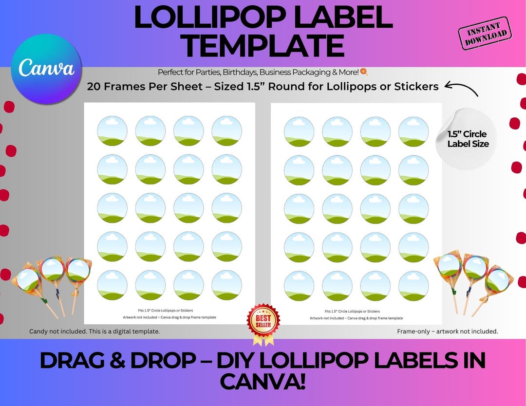 1.5” Lollipop Label Template – Canva Editable Circle Sticker – Candy ...
