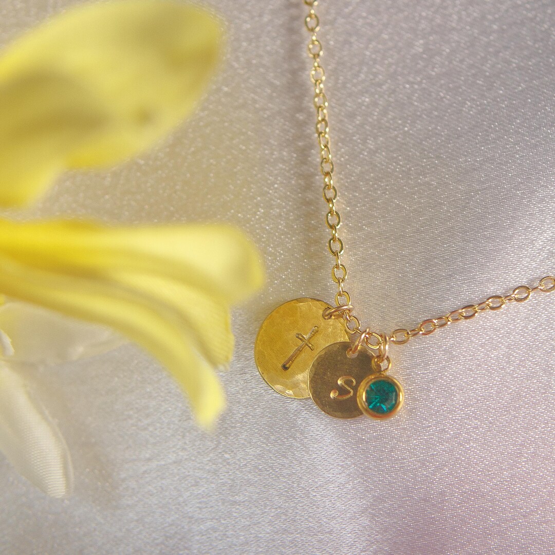 Personalized Gold Cross Necklace: Initial & Birthstone, Christian ...