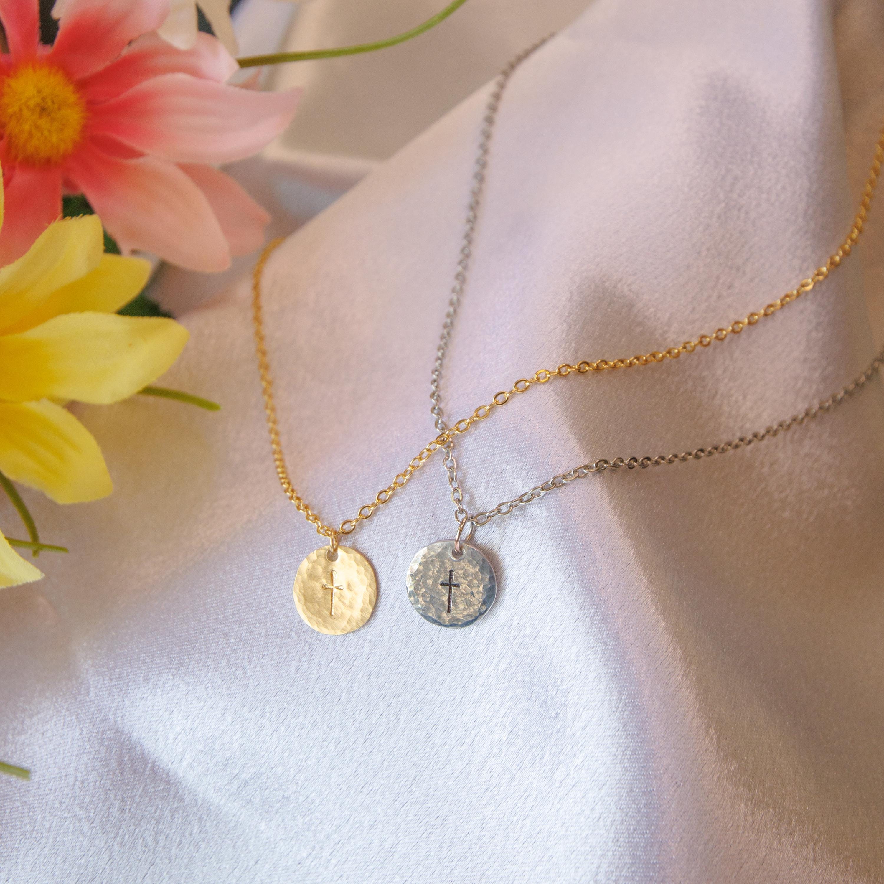 Hand Stamped Cross Necklace: Tiny Christian Pendant, Stainless Steel ...