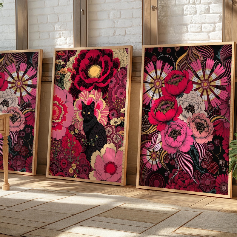 Maximalist Floral Wall Art Set of 2, Pink Black Botanical Prints ...