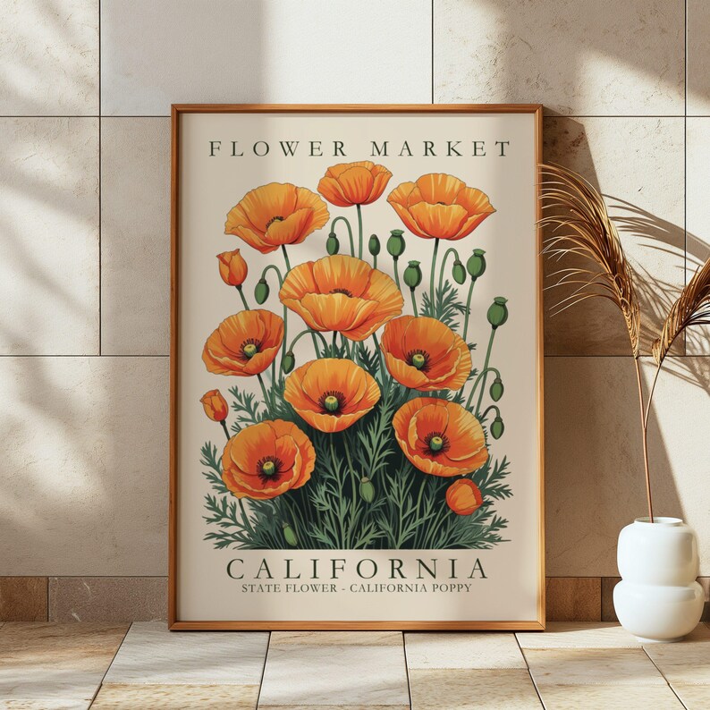 California Flower Market Print, California Poppy Poster, State ...