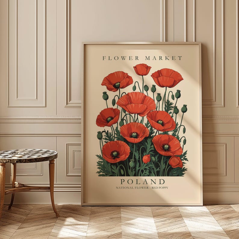 Poland National Flower Poster, Red Poppy Botanical Print, Vintage ...