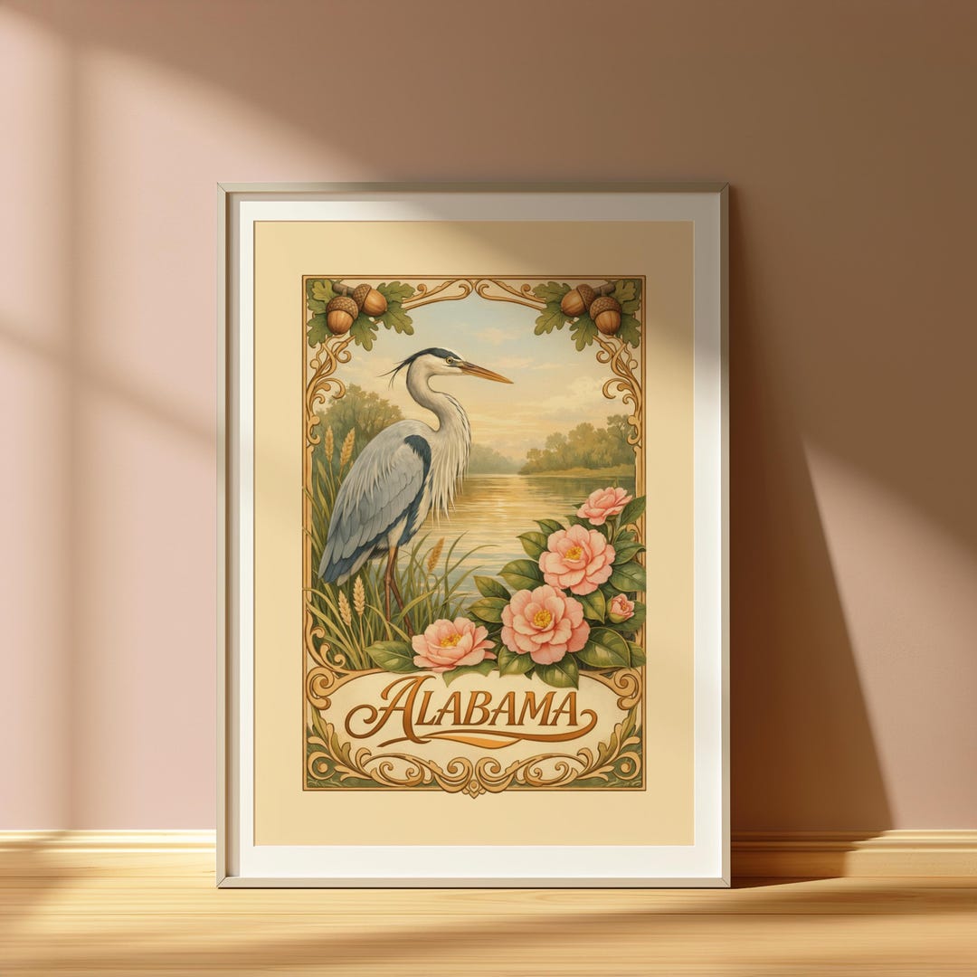 Alabama State Wall Art Printable, Vintage Southern Nature Poster, Heron ...