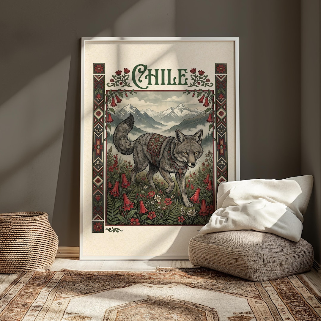 Chile Wall Art, Andean Fox Print, Vintage Folk Travel Poster (digital ...