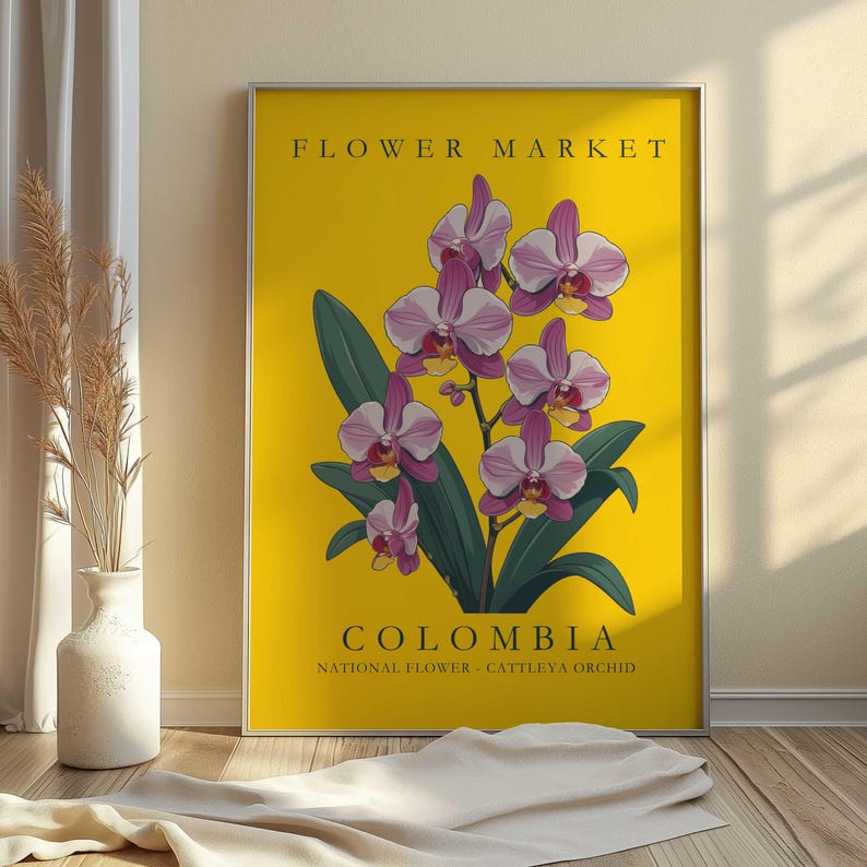 Colombia National Flower Market Poster, Cattleya Orchid Wall Art ...