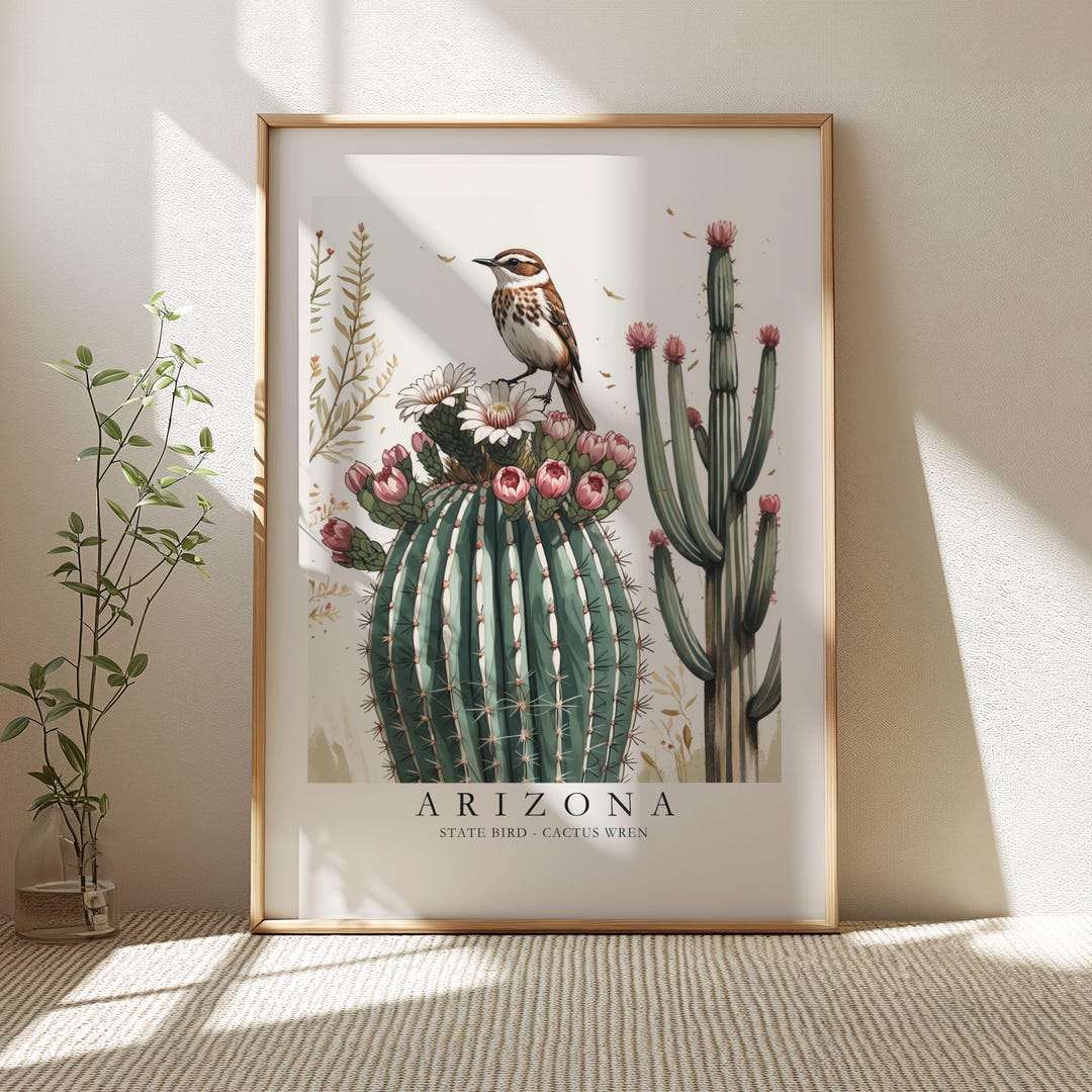 Arizona State Bird Print, Cactus Wren Vintage Botanical Art, Arizona ...