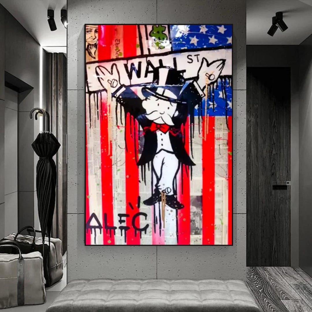 Alec Monopoly Graffiti Art: Wall Street Mr. Monopoly on American Flag ...