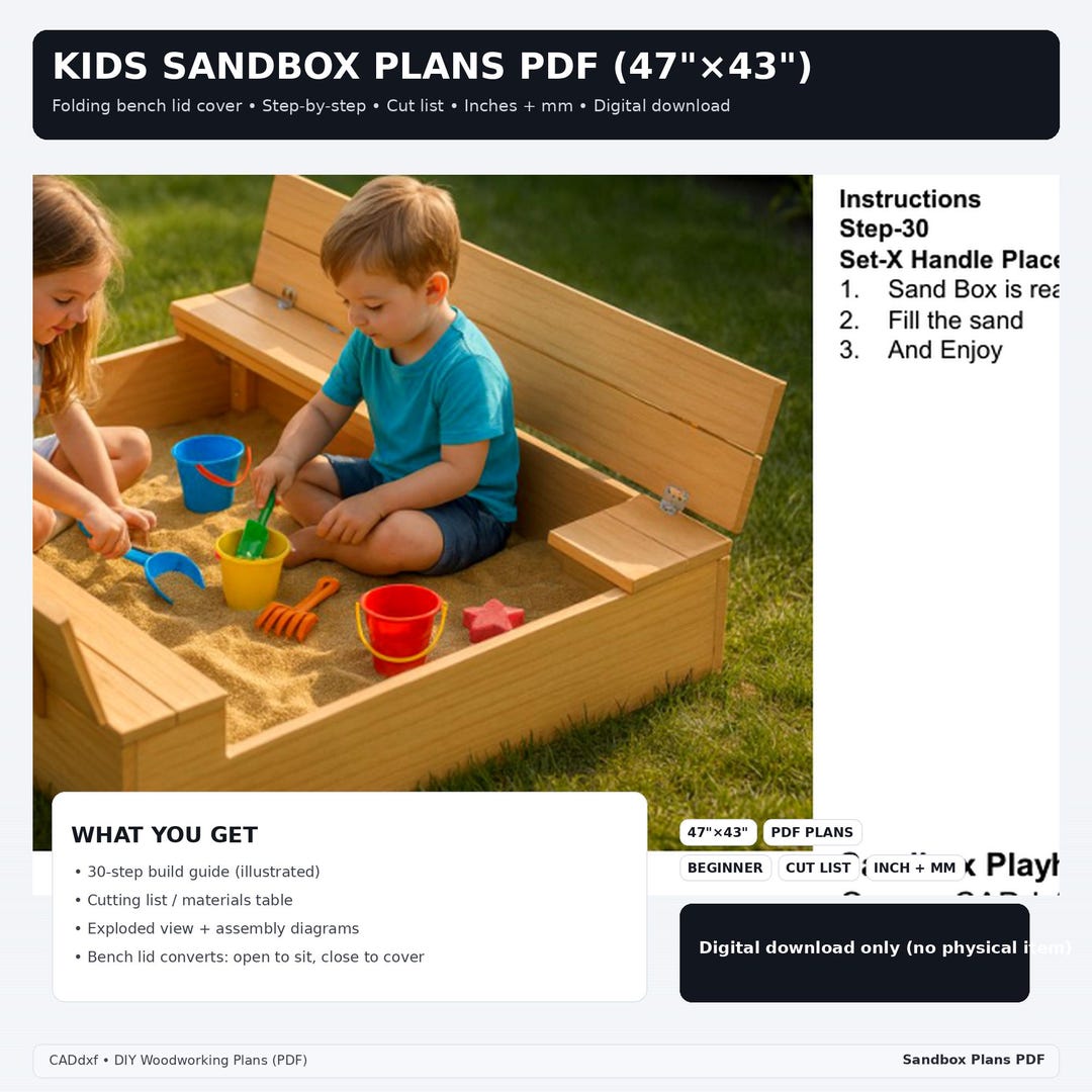 Kids Sandbox Plans PDF (47x43) | Folding Bench Lid Covered Sandbox ...