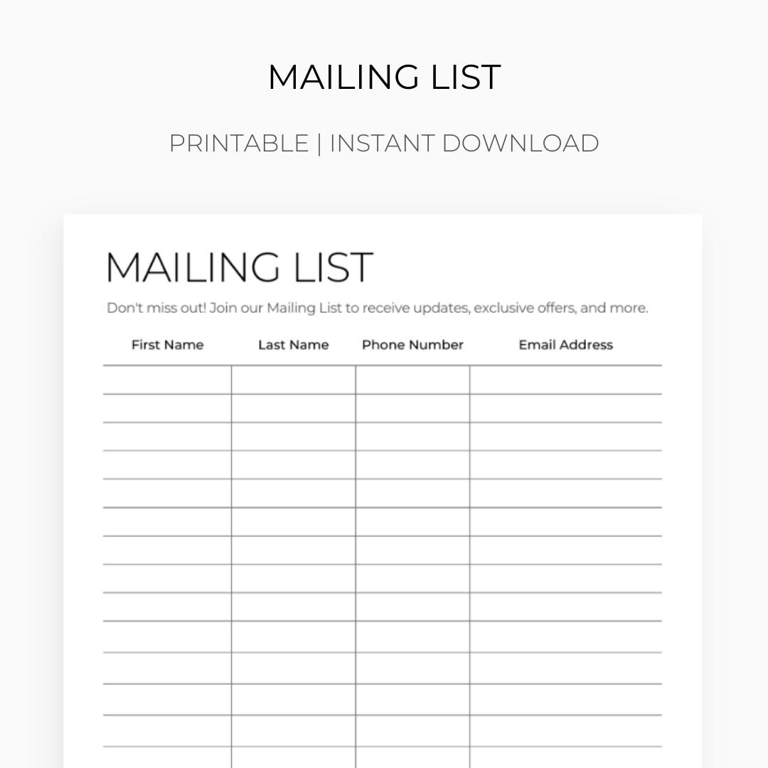 Email Sign up Sheet - Printable Mailing List Template, Contact List for ...