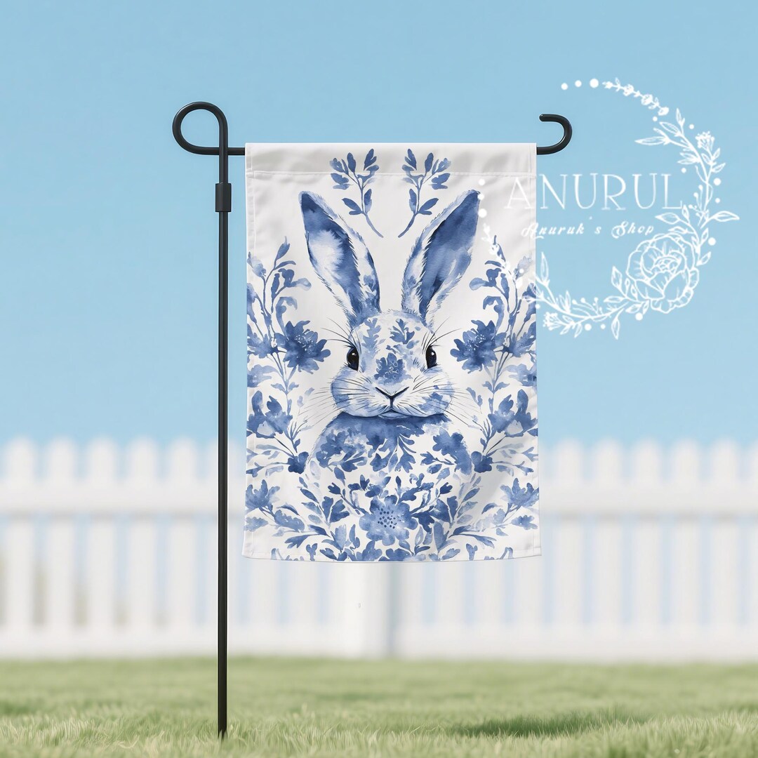 Blue & White French Floral Toile, Easter Bunny Design, Welcome Flag ...