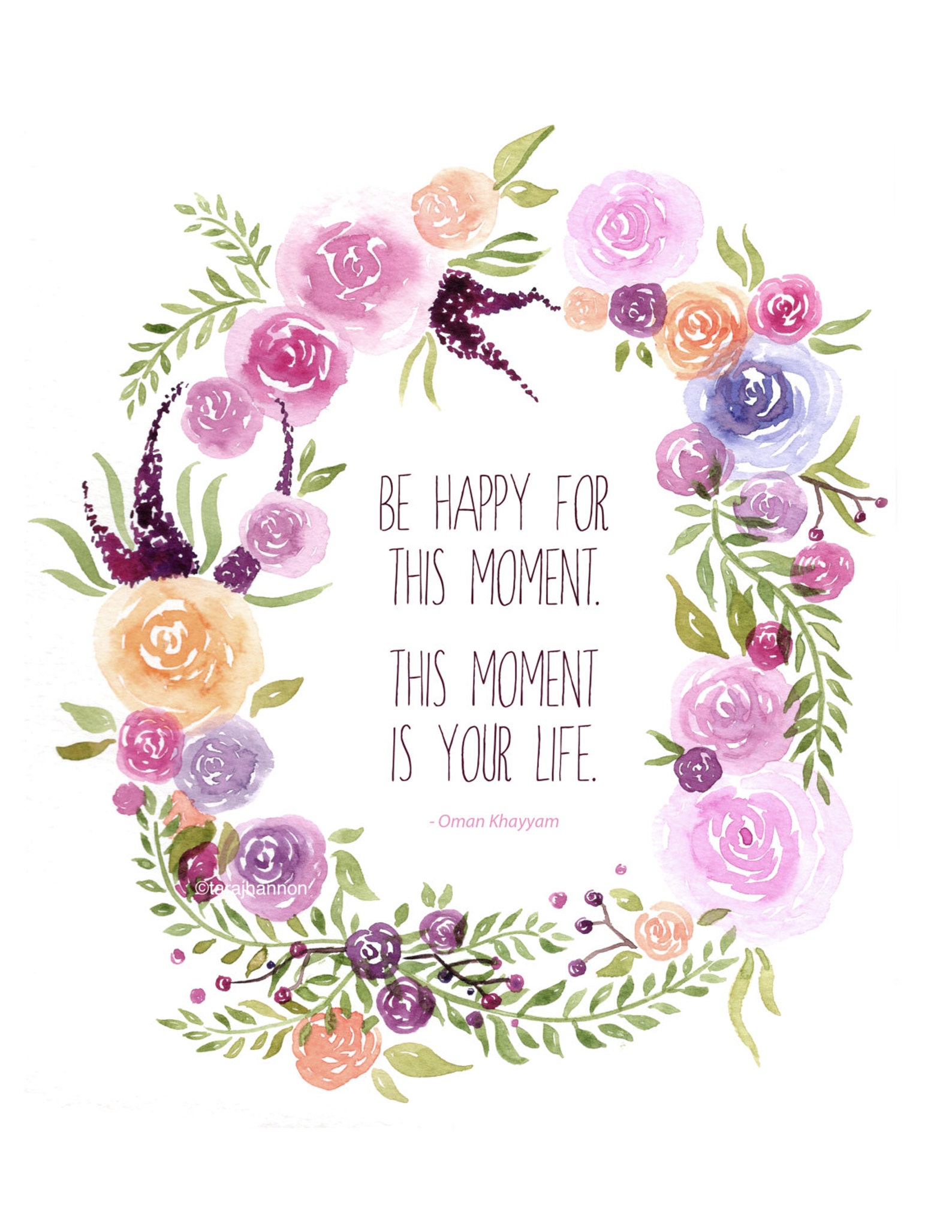 Floral Wreath WATERCOLOR ART, QUOTE, Happiness, Mindfulness, Peace ...
