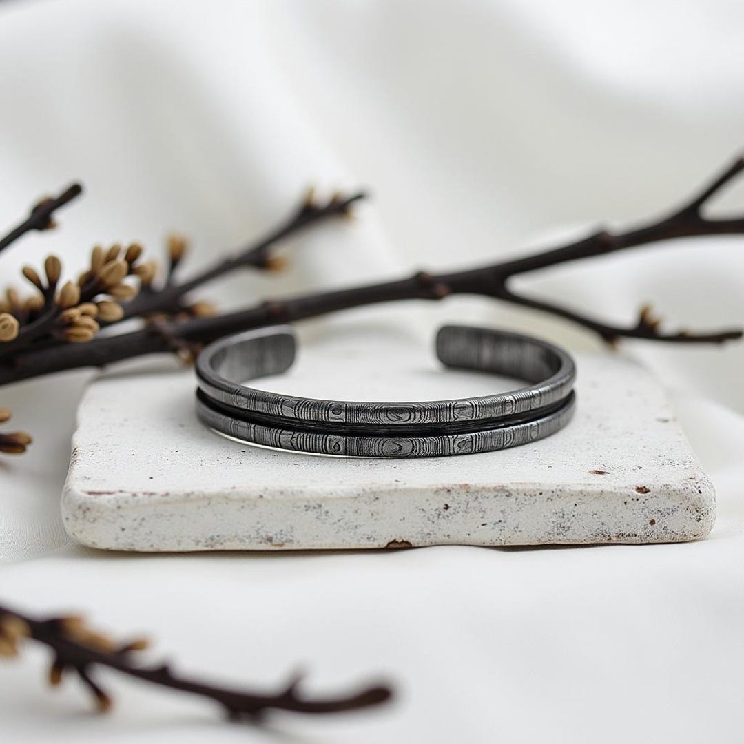 Groove Damascus Steel Bracelet for Men Cuff Handcrafted Bracelet for ...