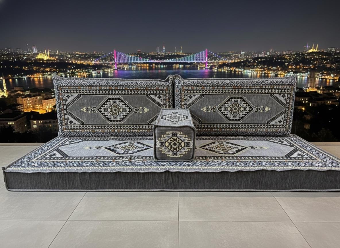 Grey Arabic Majlis Floor Sofa Set, U-shaped Modular Sectional, Moroccan ...