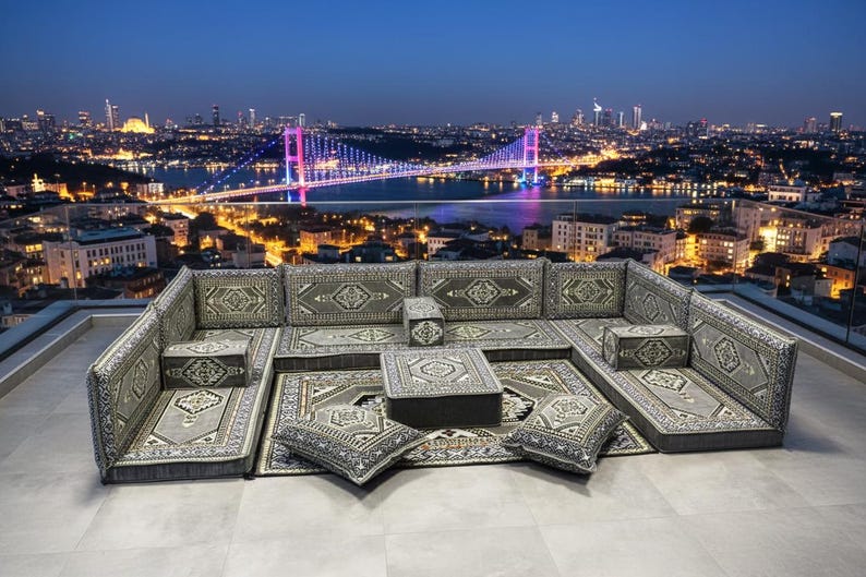 Grey Arabic Majlis Floor Sofa Set, U-shaped Modular Sectional, Moroccan ...