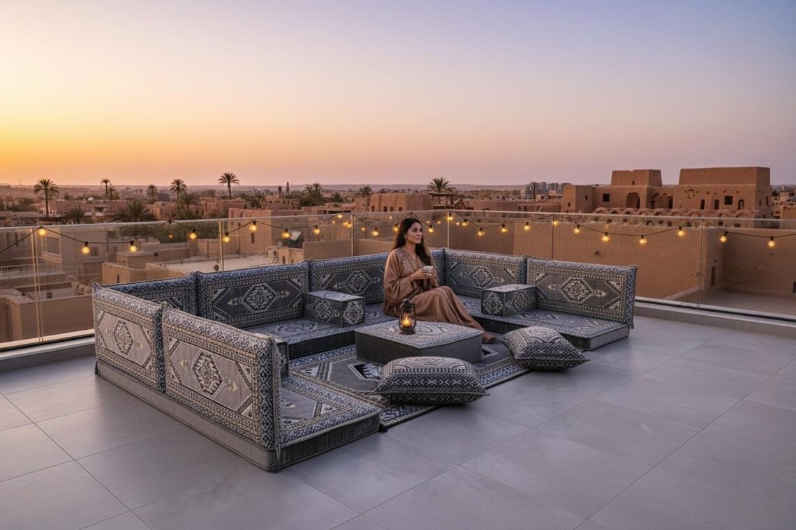 Grey Arabic Majlis Floor Sofa Set, U-shaped Modular Sectional, Moroccan ...