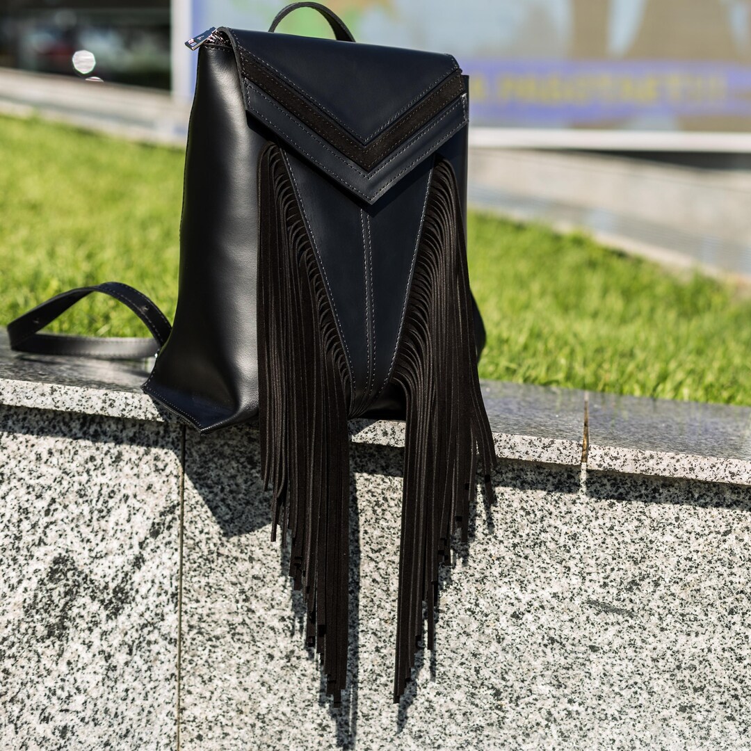 Handmade Black Leather Backpack, Backpack for MacBook With Fringe ...