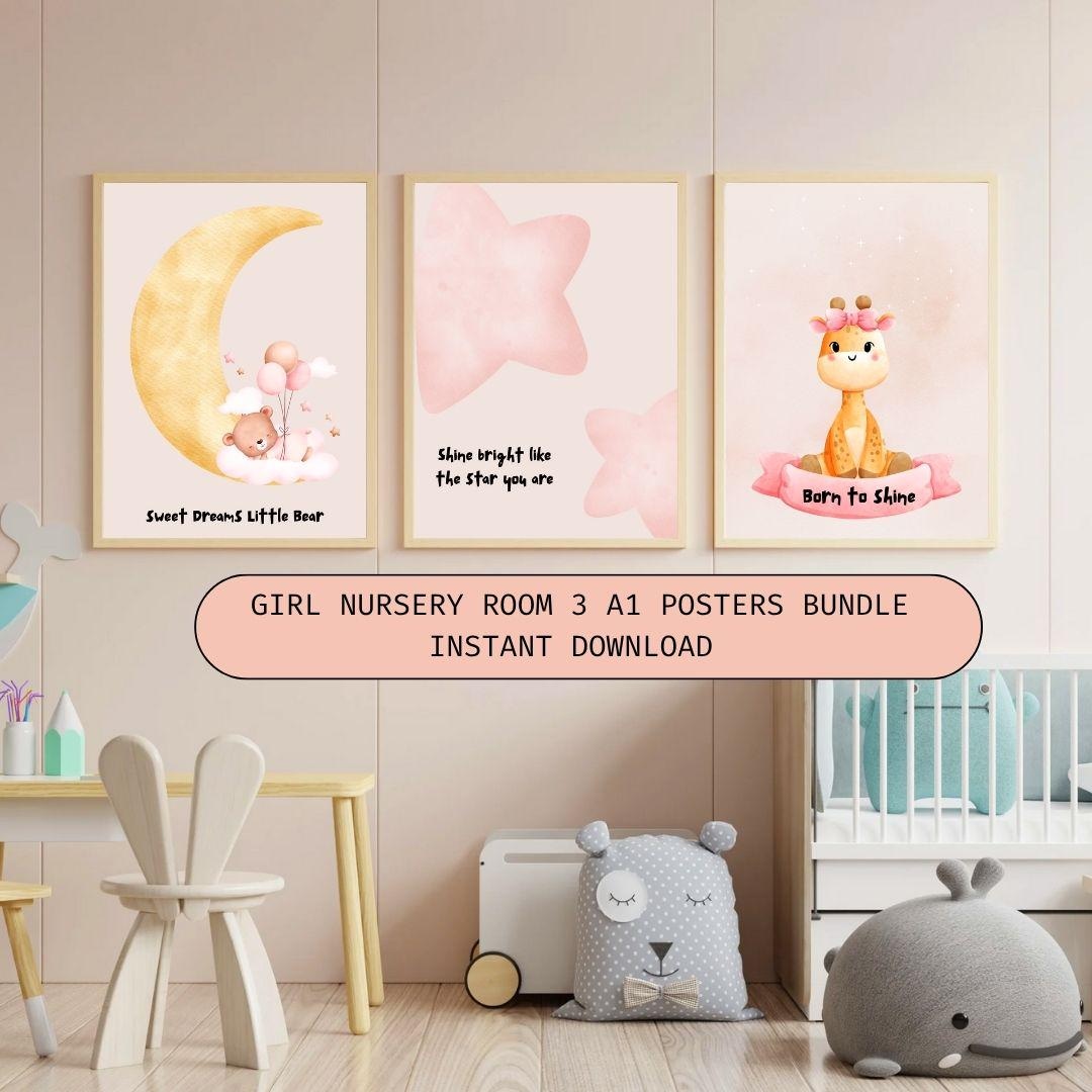 Girl Nursery Poster Bundle – 3 A1 Printable Wall Art Prints | Baby Room ...