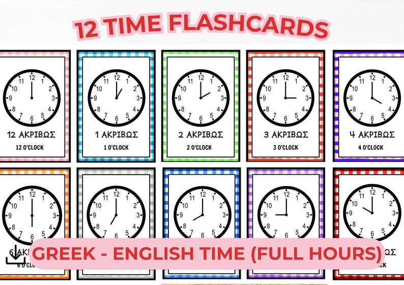 Greek Time Flashcards | Tell the Time in Greek & English | 12 Hour ...