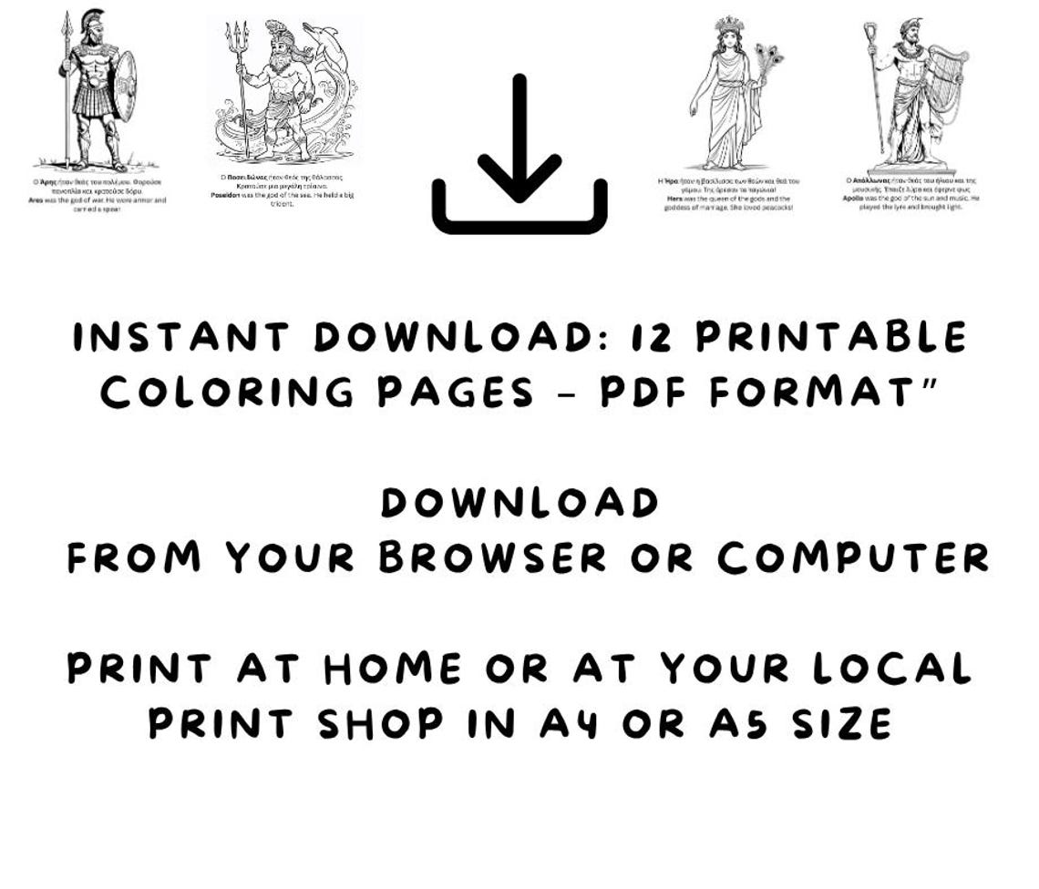 Greek Gods Coloring Book: Bilingual Mythology, 12 Olympians (PDF) - Etsy