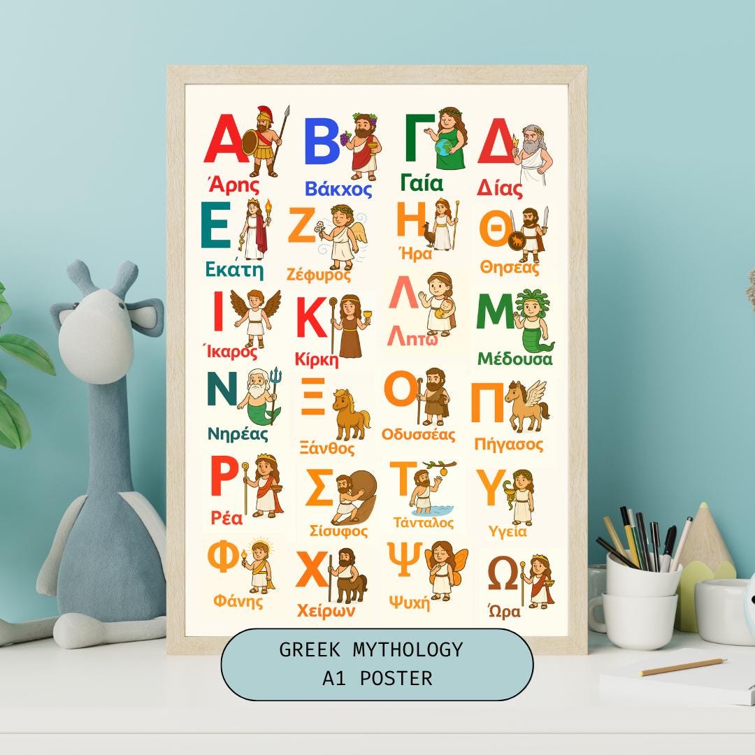 Greek Mythology Alphabet Poster – Ancient Gods & Creatures Wall Art ...