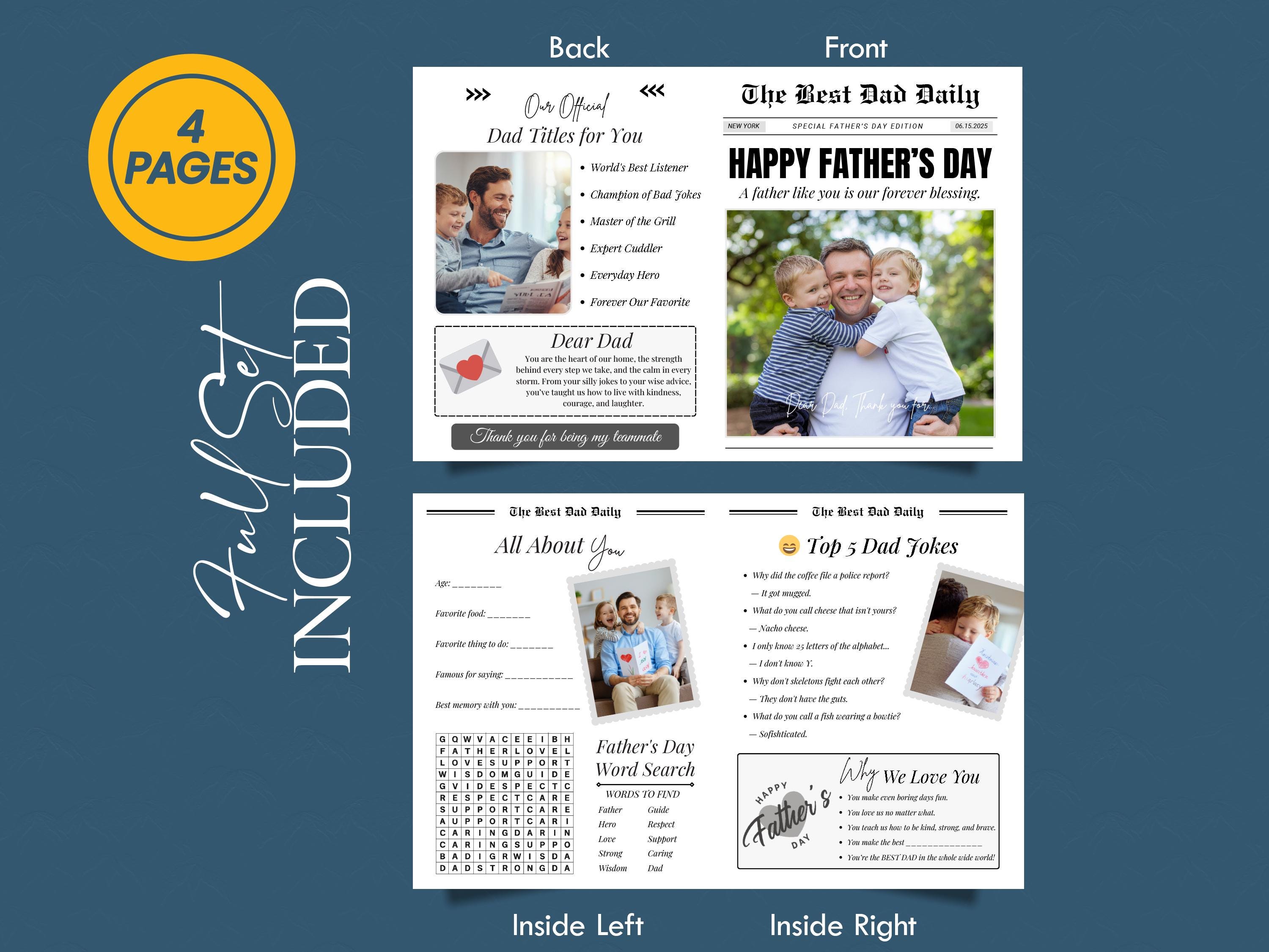 Fathers Day Newspaper Card Template, Printable Digital Download Gift ...