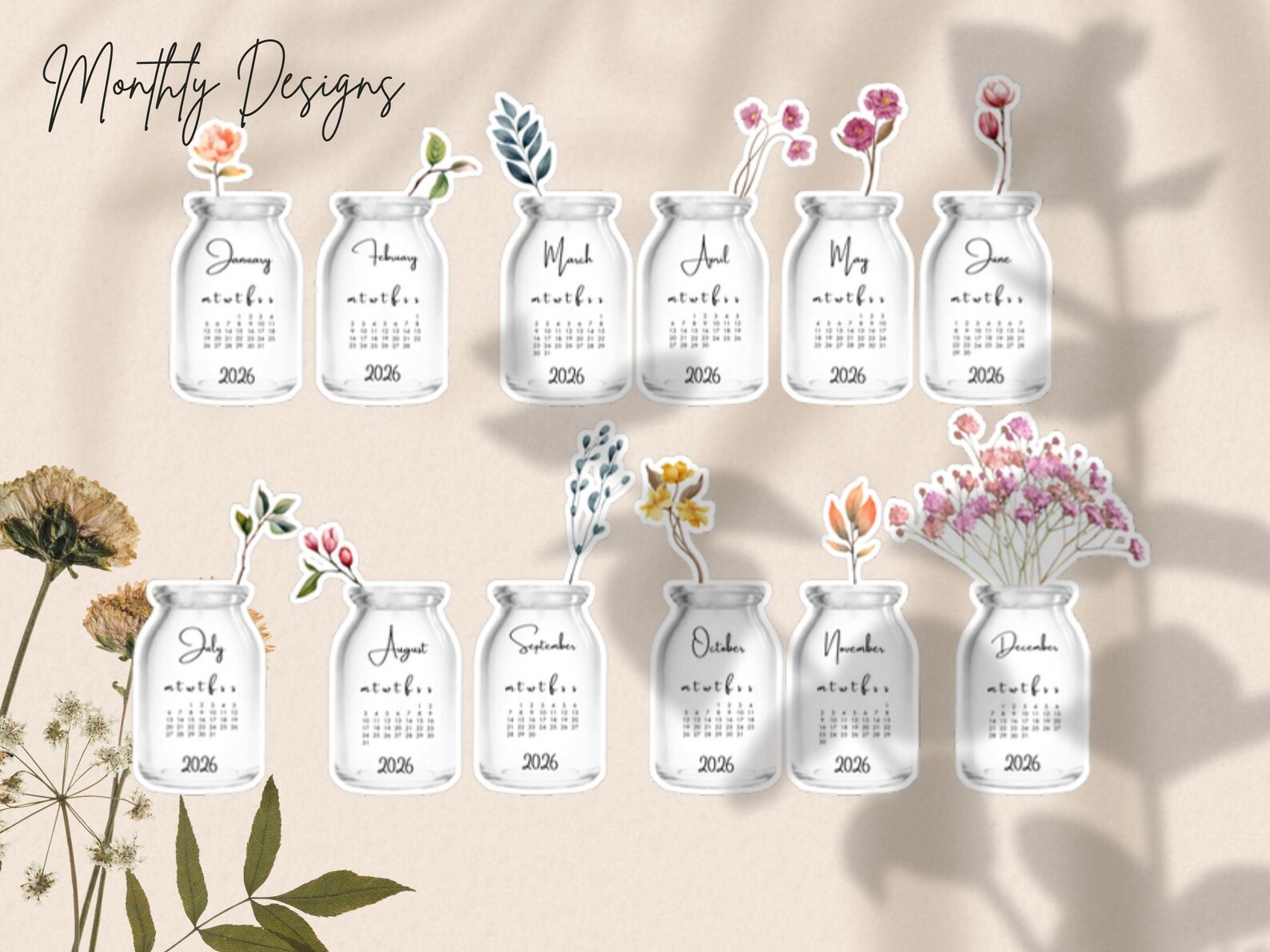 2026 Calendar, Printable Flower Calendar, Desk Calendar, Mini Desk ...