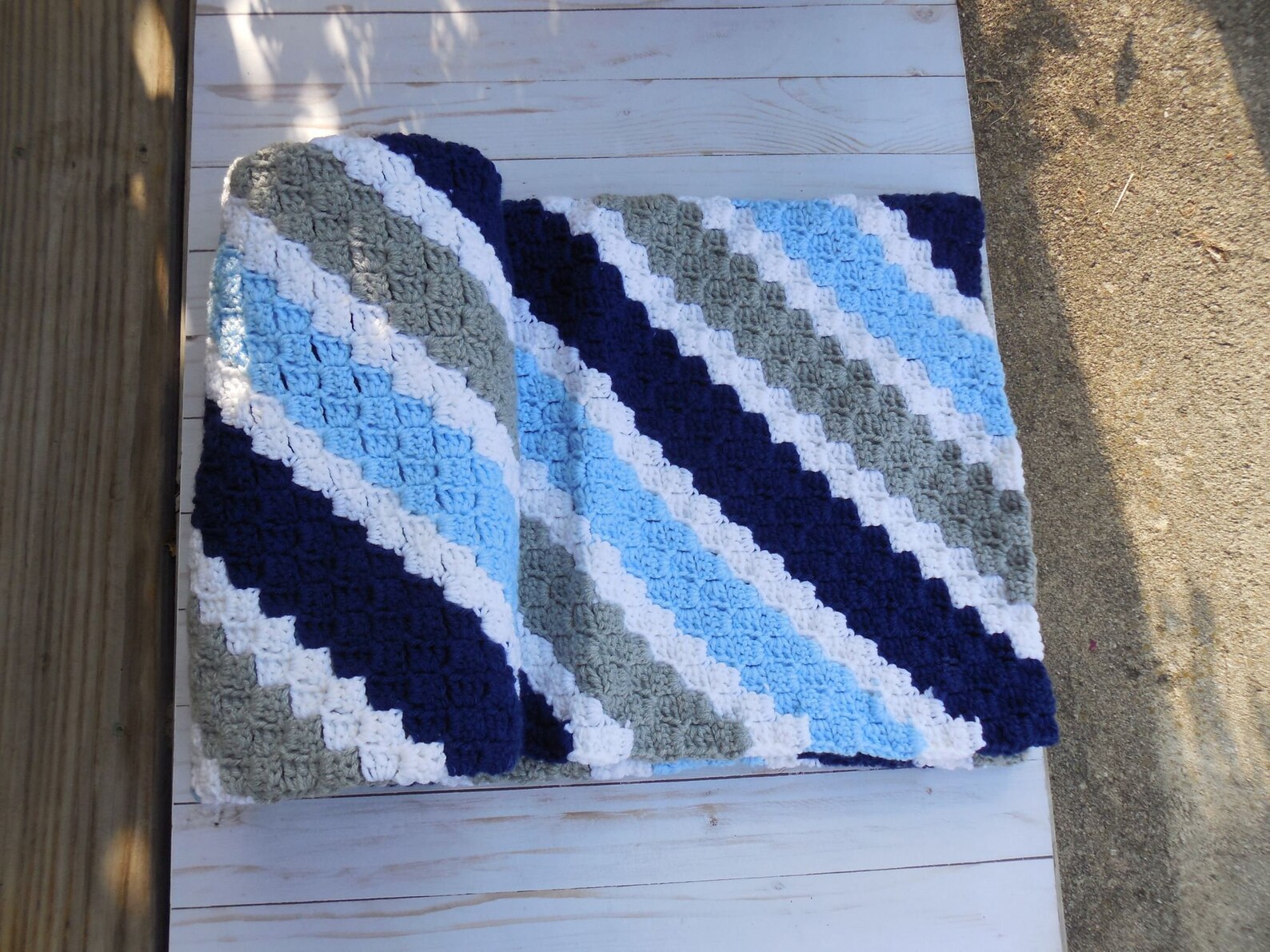 Baby Boy Crochet Stripe Navy Blue, White, Gray and Baby Blue Afghan ...