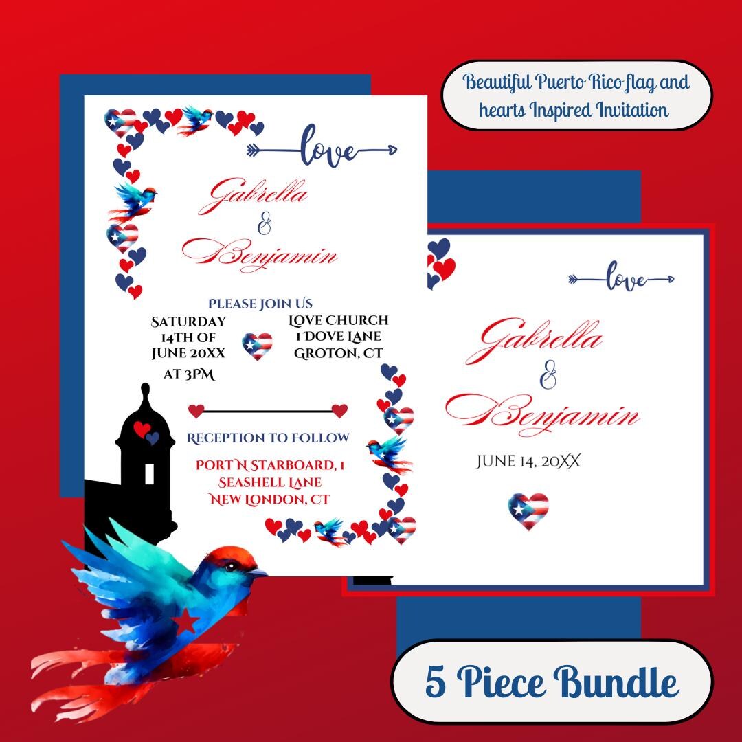 Puerto Rico Hearts and Birds Wedding Invitation 5 Piece Bundle RSVP ...