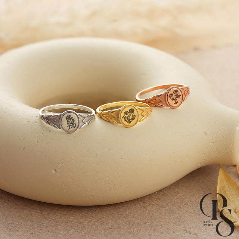 Birth Flower Signet Ring, Birth Month Flowers Gifts,gift for Mom,custom ...