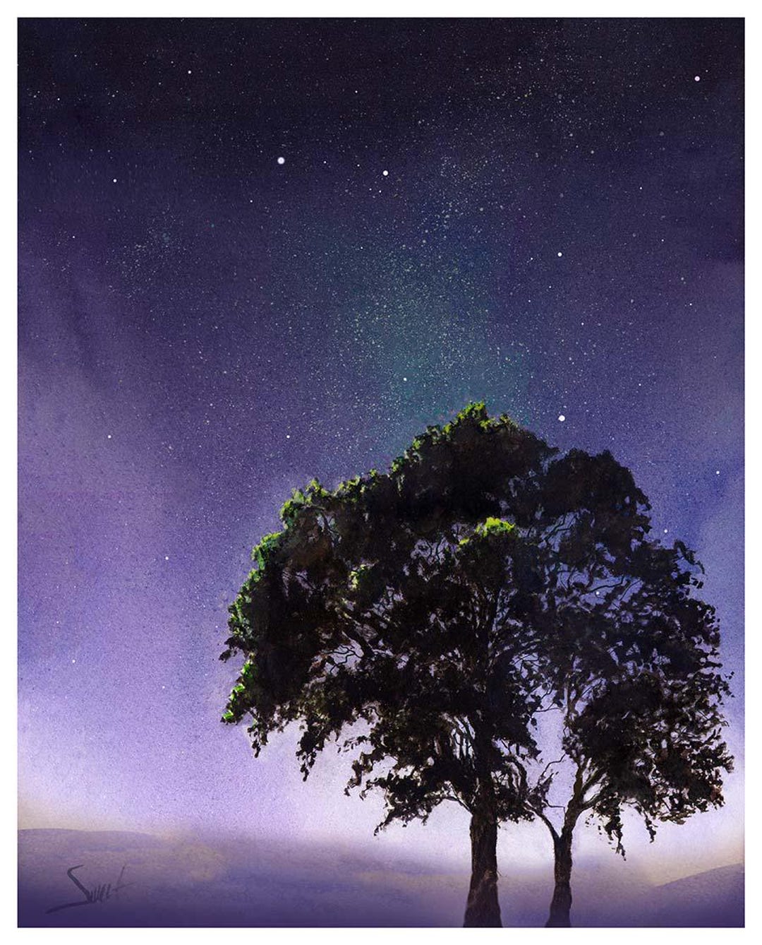 Starry Night Watercolor Print - Night Sky Painting, Tree Silhouette - Etsy