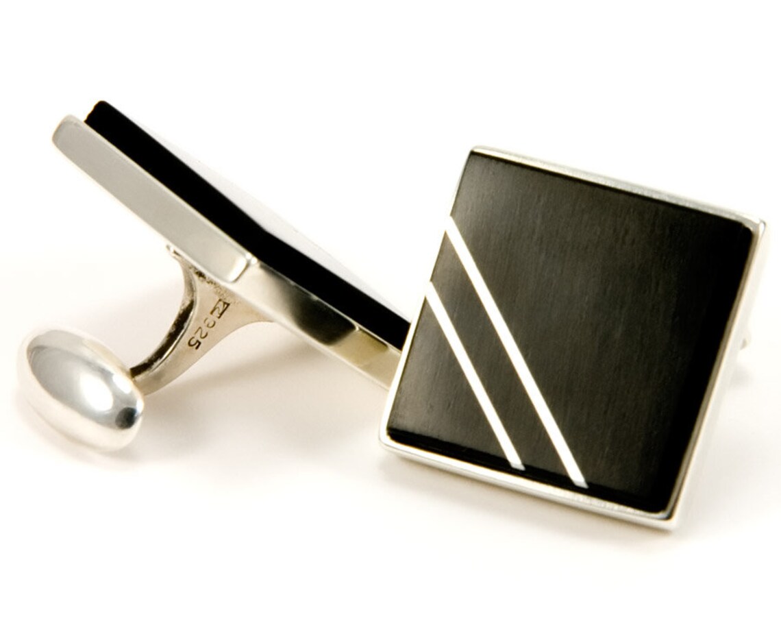 Sterling Cufflinks Tie Bar Set Ebony Wood Silver Inlay - Etsy