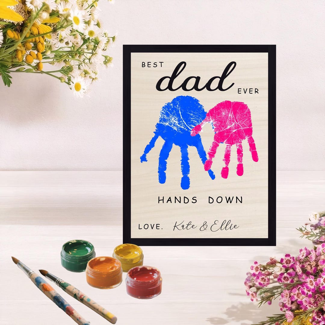 Best Dad Personalized Handprint Wooden Frame, DIY Handmade Father's Day ...