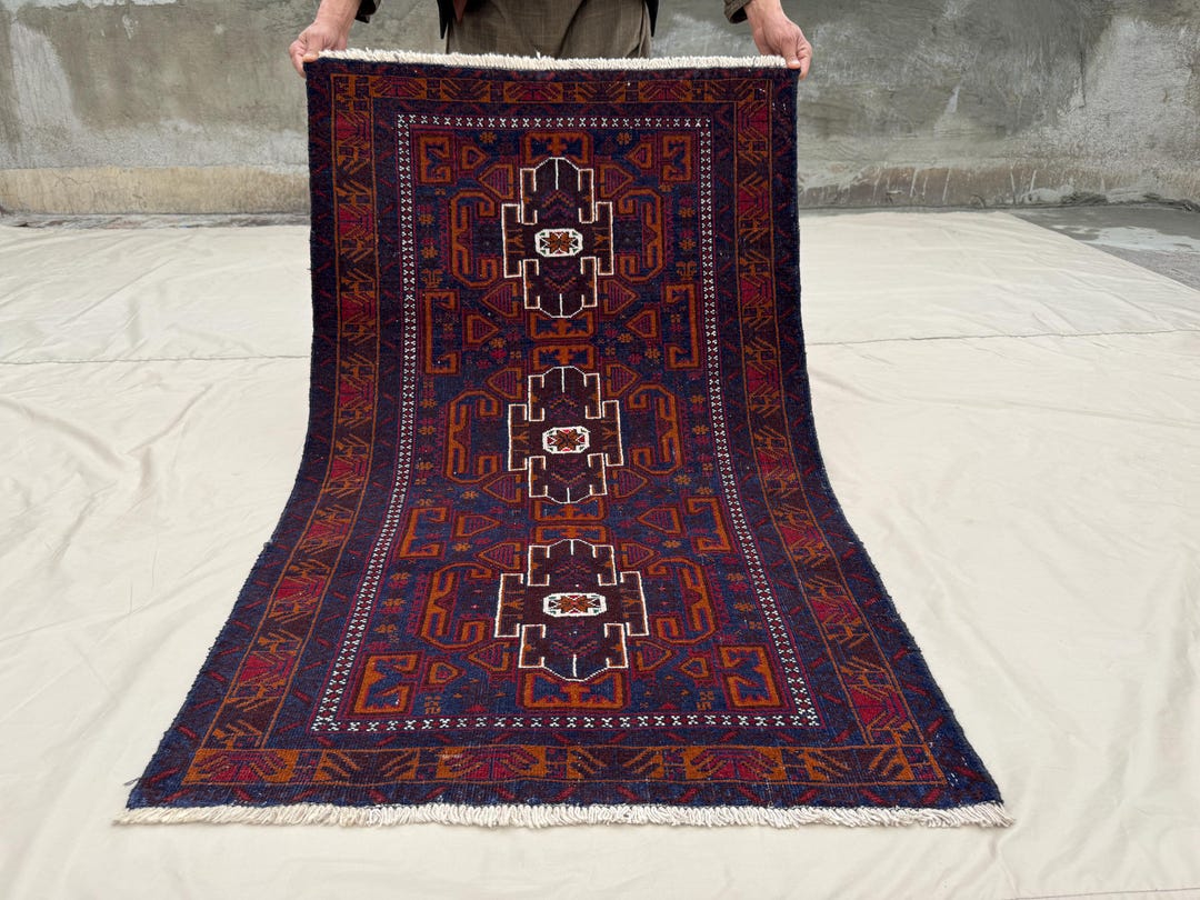 Balochi Rug, Three Medallion Rug, Handwoven Wool Carpet, Vintage Tribal ...