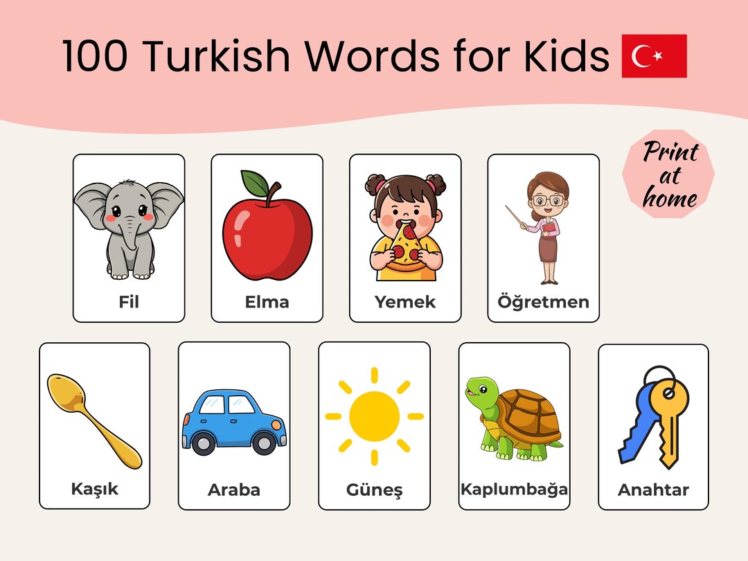 Turkish 100 Words Flashcards for Kids, Printable Languages Cards - Etsy