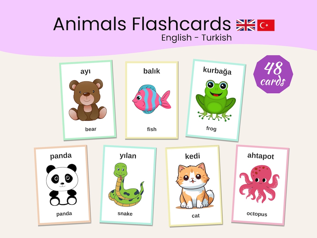 Animals Flashcards English & Turkish, Bilingual Kids Vocabulary Cards ...