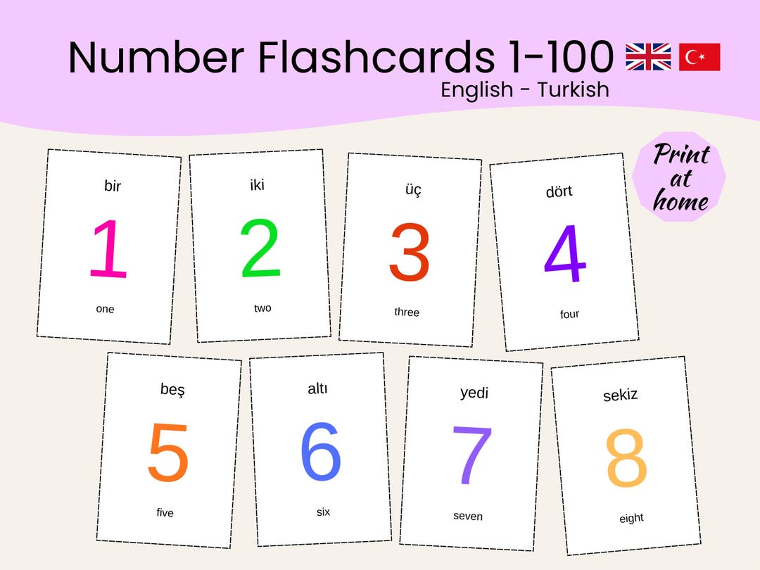 Numbers Flashcards 1-100, English & Turkish Bilingual Printable, Kids ...