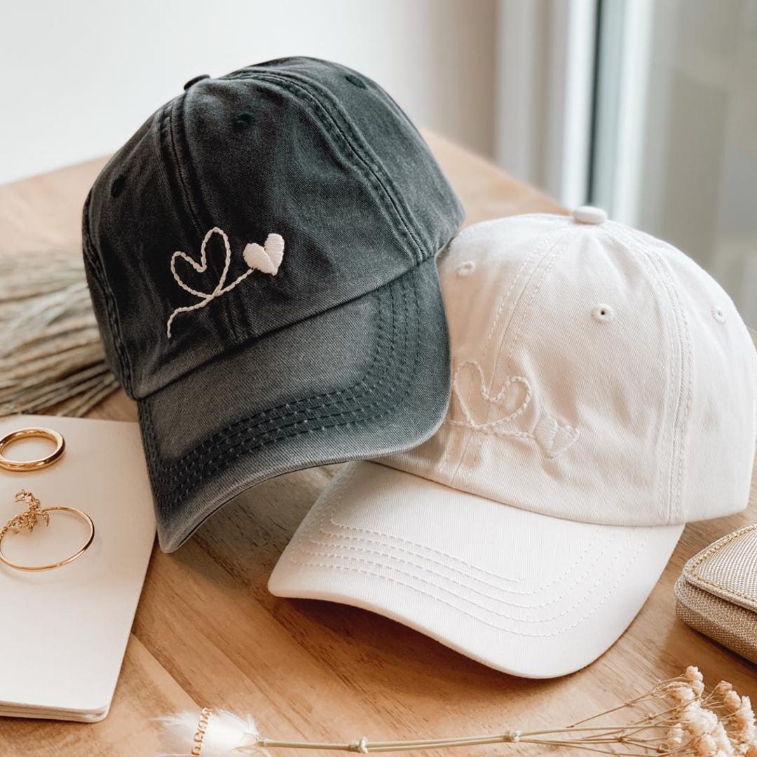 Matching Heart Embroidered Hats, Minimal Couple Baseball Caps, Line ...