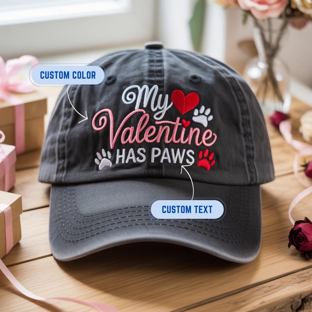 Personalized My Valentine Has Paws Hat, Embroidered Paw Print Baseball ...