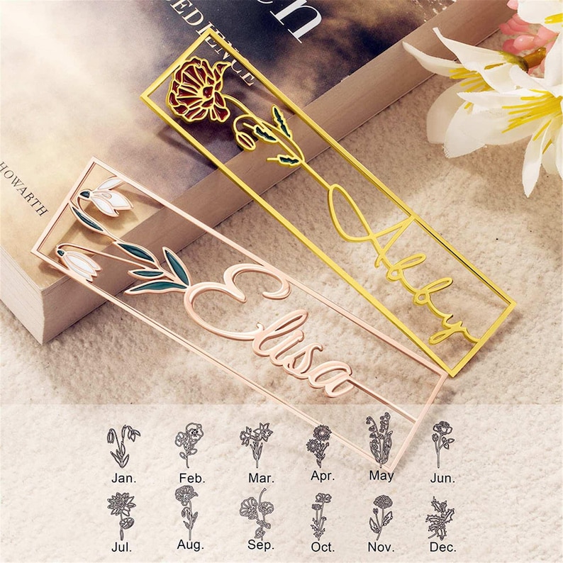 Personalized Birth Flower Bookmark: Engraved Metal Bookmark, Custom ...