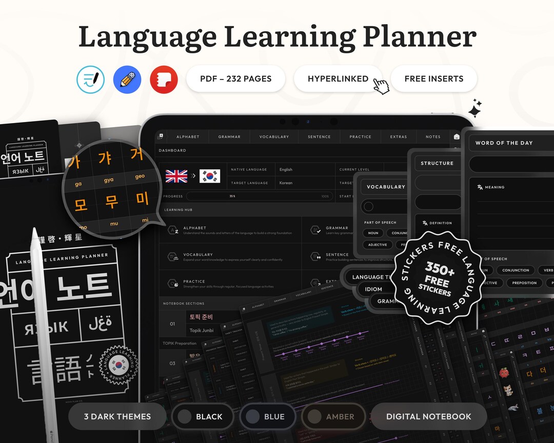 Dark Mode Language Learning Planner and Notebook – Study English ...
