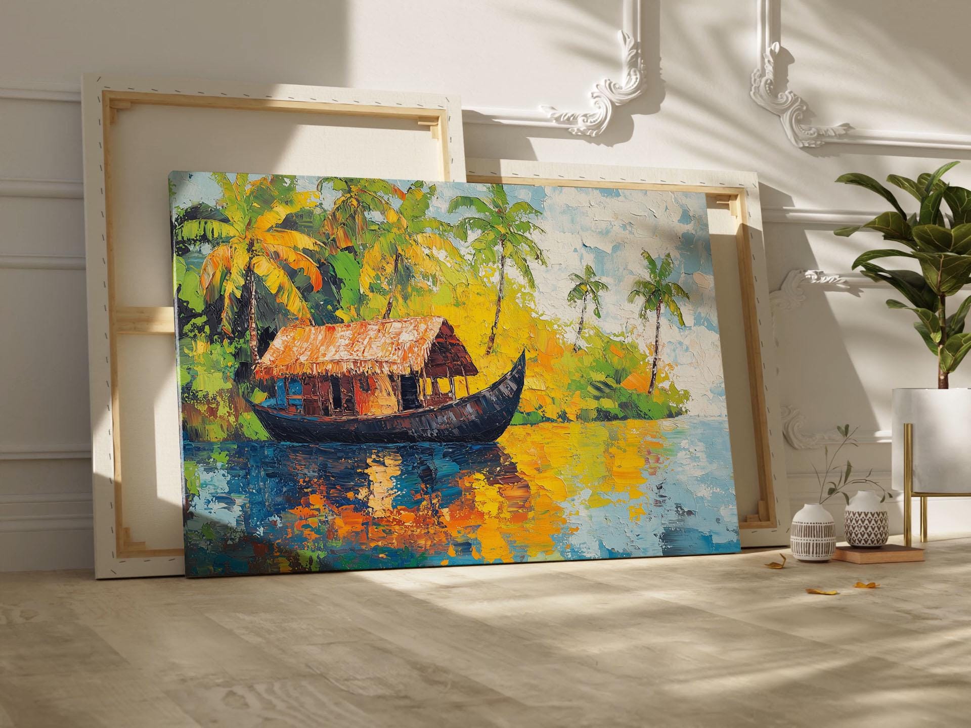 Tropical Houseboat Wall Art - Kerala Backwaters Print - Vibrant Palm ...