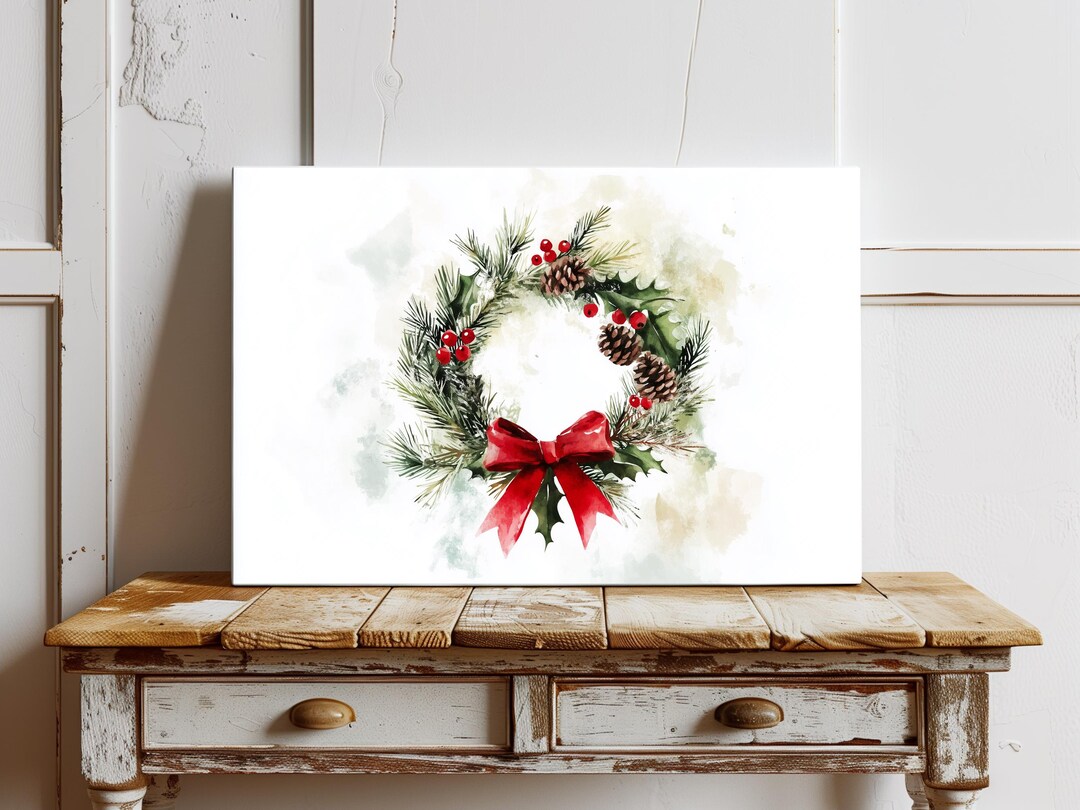 Watercolor Christmas Wreath Canvas Print, Classic Holiday Pine and Red ...