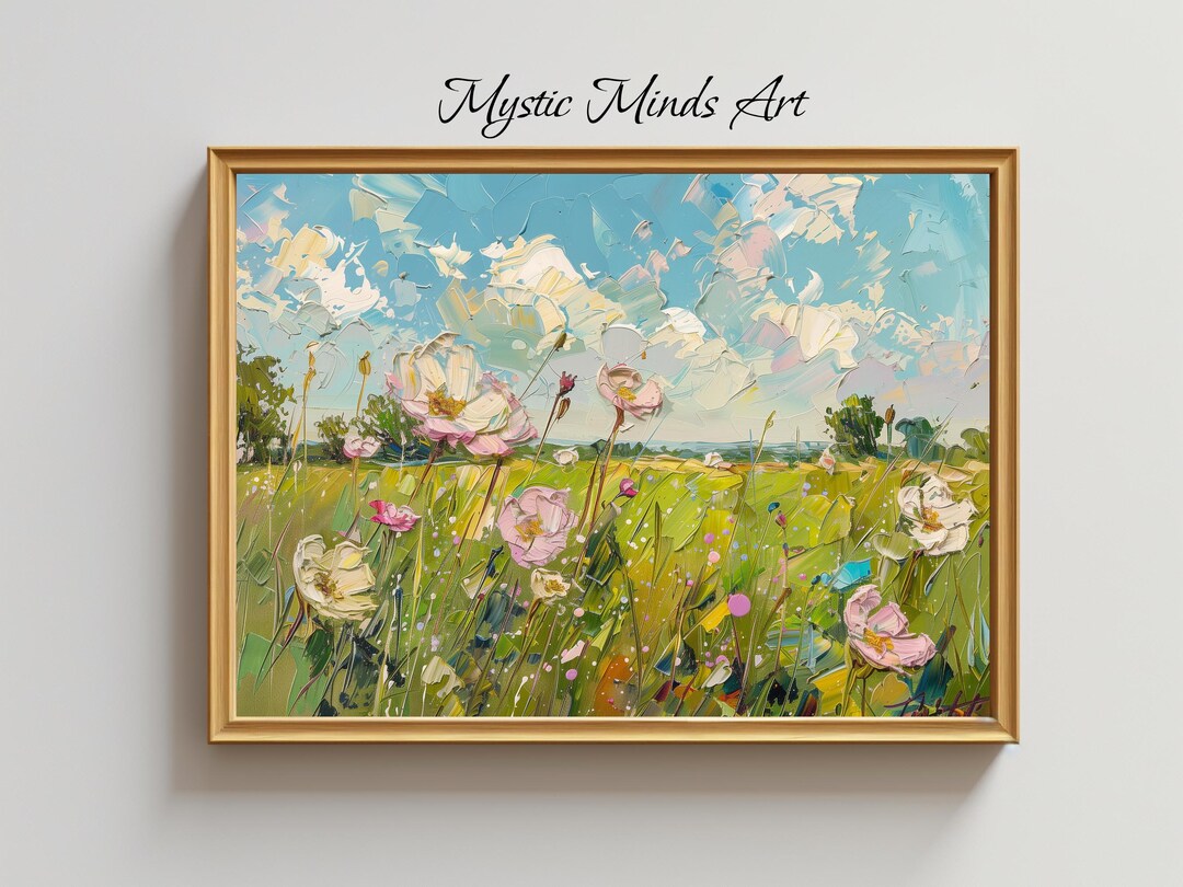 Impressionist Meadow Painting - Wildflower Field Art - Pink & White ...
