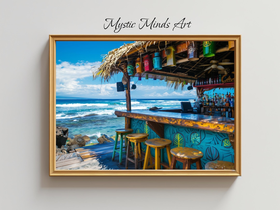 Tropical Tiki Bar Wall Art - Beachfront Paradise Print - Coastal Decor ...