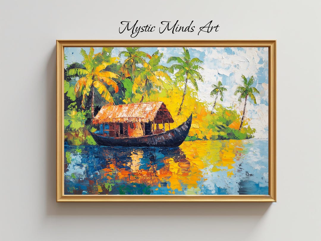 Tropical Houseboat Wall Art - Kerala Backwaters Print - Vibrant Palm ...