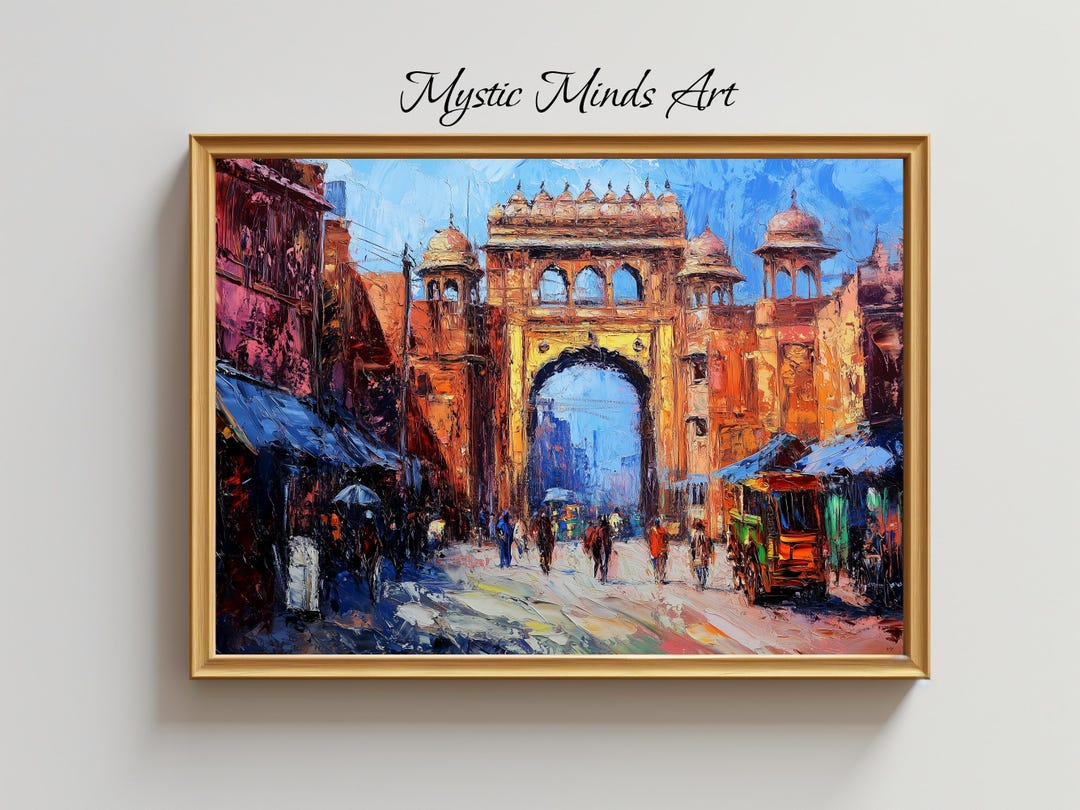 Ancient Indian City Gate Painting - Vibrant Impressionist Street Scene ...