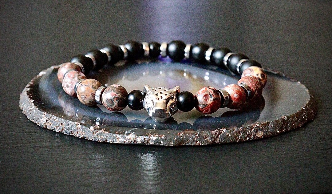 Men’s Leopard Skin Jasper & Black Onyx Bracelet With Jaguar Head Bead ...