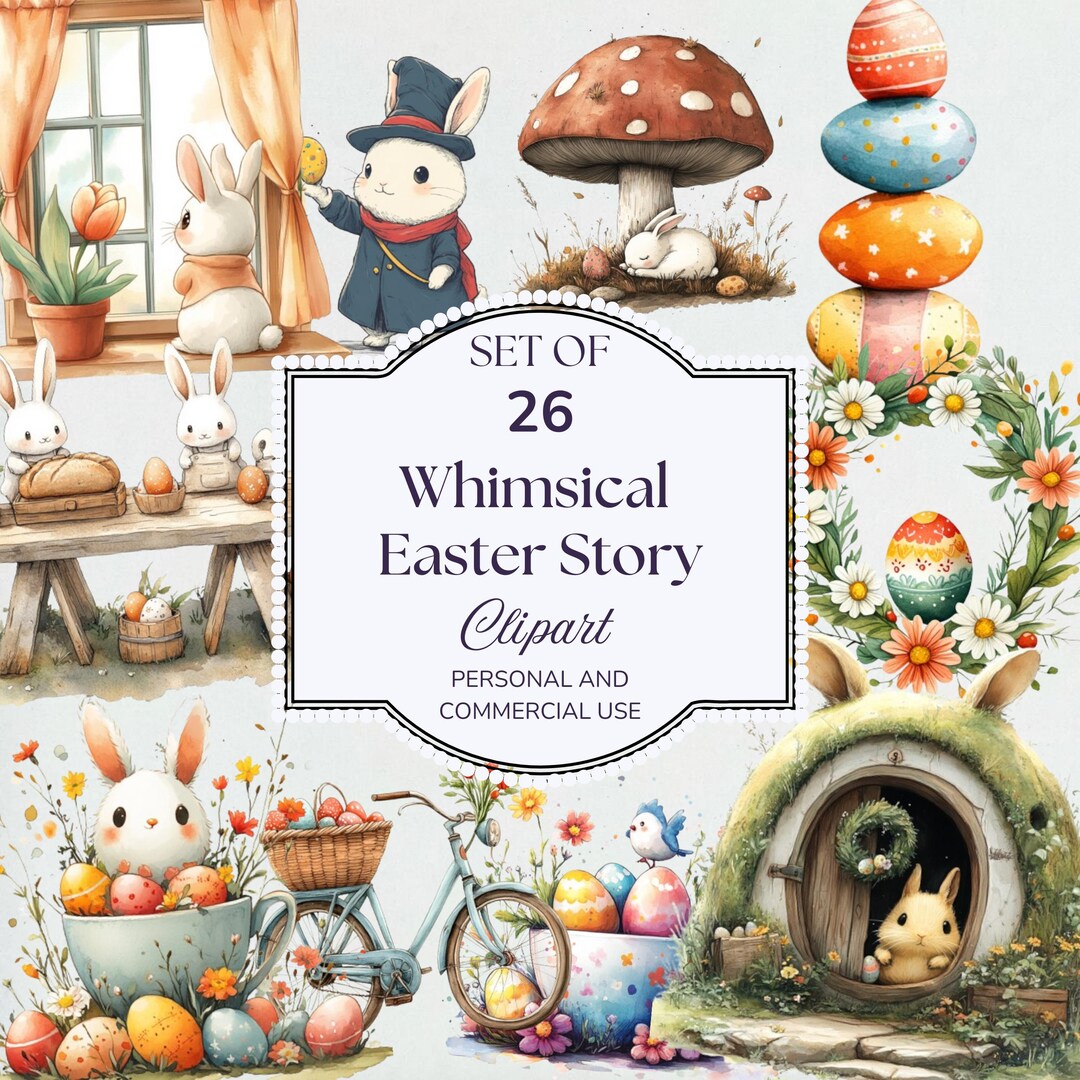 Whimsical Easter Story Clipart Set, Vintage Watercolor PNG Bundle ...